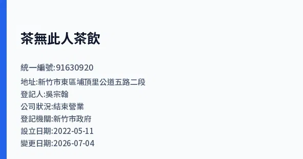 茶無此人茶飲的照片-統編 91630920(新竹市) 公司登記資料與營業項目詳細圖表