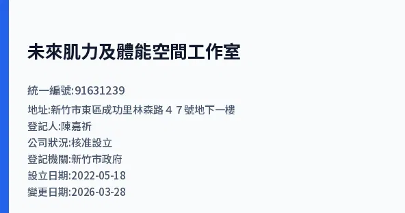 未來肌力及體能空間工作室的照片-統編 91631239(新竹市) 公司登記資料與營業項目詳細圖表