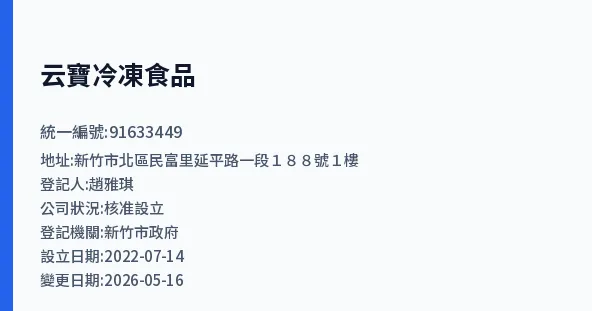 云寶冷凍食品的照片-統編 91633449(新竹市) 公司登記資料與營業項目詳細圖表