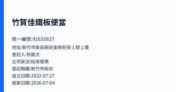 竹賀佳鐵板便當的照片-統編 91633927(新竹市) 公司登記資料與營業項目詳細圖表