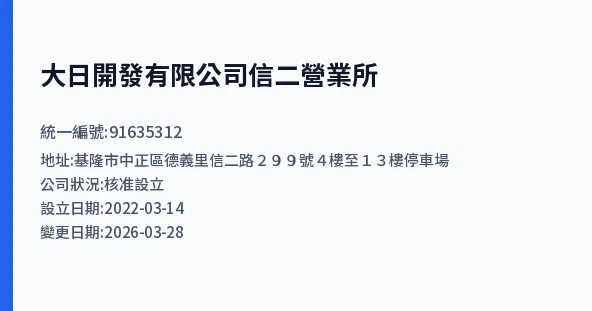 大日開發有限公司信二營業所的照片-統編 91635312(基隆市) 公司登記資料與營業項目詳細圖表