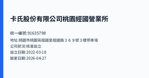 卡氏股份有限公司桃園經國營業所的照片-統編 91635798(桃園市) 公司登記資料與營業項目詳細圖表