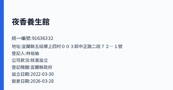 夜香養生館的照片-統編 91636332(宜蘭縣) 公司登記資料與營業項目詳細圖表
