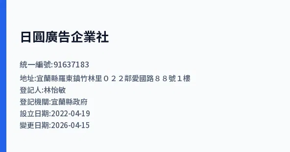 日圓廣告企業社的照片-統編 91637183(宜蘭縣) 公司登記資料與營業項目詳細圖表