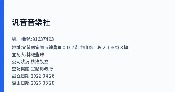 汎音音樂社的照片-統編 91637493(宜蘭縣) 公司登記資料與營業項目詳細圖表