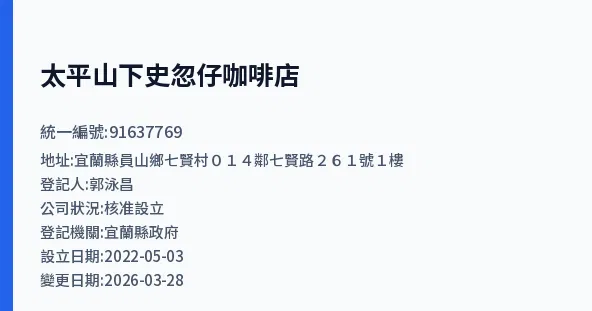 太平山下史忽仔咖啡店的照片-統編 91637769(宜蘭縣) 公司登記資料與營業項目詳細圖表