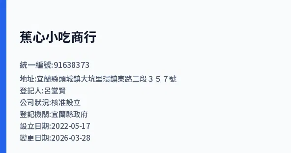 蕉心小吃商行的照片-統編 91638373(宜蘭縣) 公司登記資料與營業項目詳細圖表