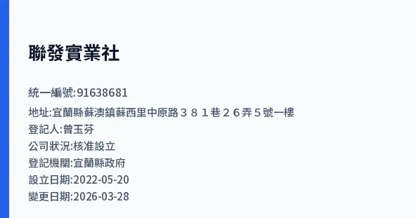 聯發實業社的照片-統編 91638681(宜蘭縣) 公司登記資料與營業項目詳細圖表