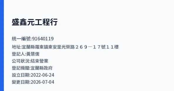 盛鑫元工程行的照片-統編 91640119(宜蘭縣) 公司登記資料與營業項目詳細圖表