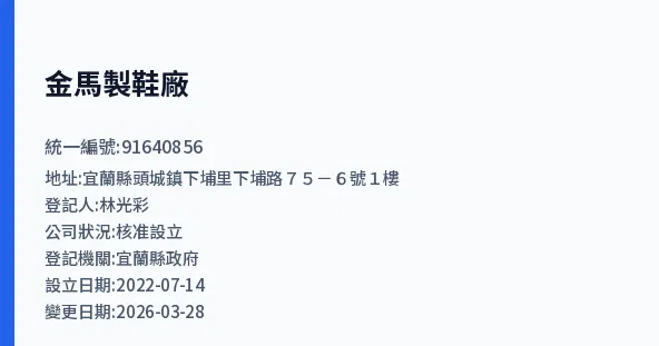 金馬製鞋廠的照片-統編 91640856(宜蘭縣) 公司登記資料與營業項目詳細圖表