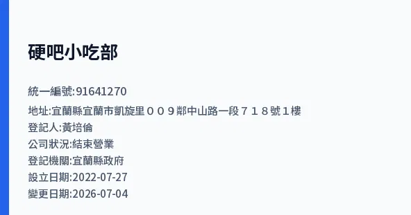 硬吧小吃部的照片-統編 91641270(宜蘭縣) 公司登記資料與營業項目詳細圖表