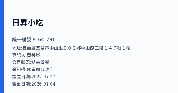 日昇小吃的照片-統編 91641291(宜蘭縣) 公司登記資料與營業項目詳細圖表