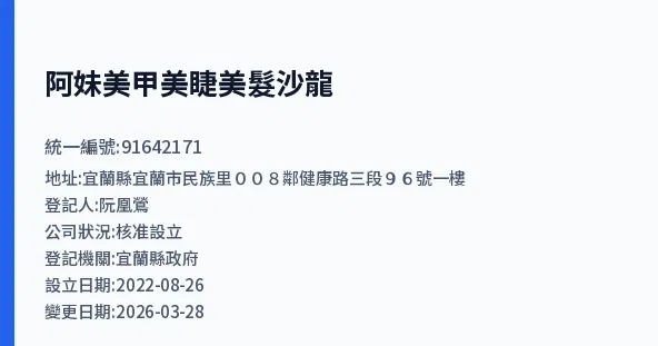 阿妹美甲美睫美髮沙龍的照片-統編 91642171(宜蘭縣) 公司登記資料與營業項目詳細圖表