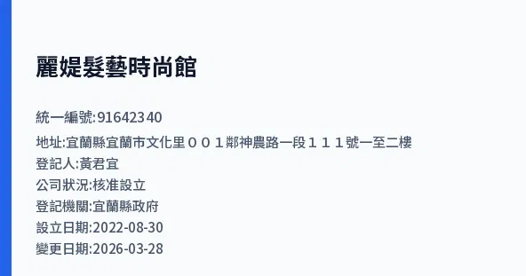 麗媞髮藝時尚館的照片-統編 91642340(宜蘭縣) 公司登記資料與營業項目詳細圖表