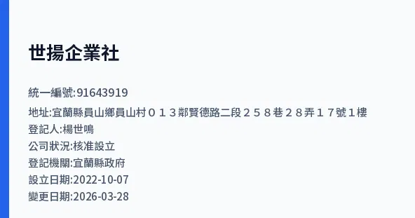 世揚企業社的照片-統編 91643919(宜蘭縣) 公司登記資料與營業項目詳細圖表