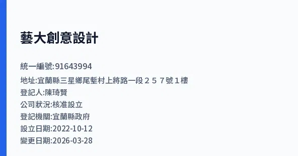 藝大創意設計的照片-統編 91643994(宜蘭縣) 公司登記資料與營業項目詳細圖表