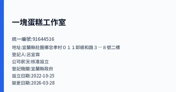 一塊蛋糕工作室的照片-統編 91644516(宜蘭縣) 公司登記資料與營業項目詳細圖表