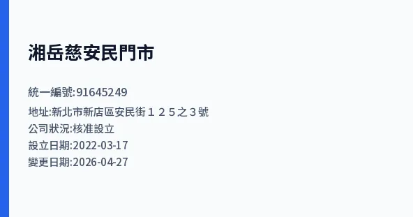 湘岳慈安民門市的照片-統編 91645249(新北市) 公司登記資料與營業項目詳細圖表