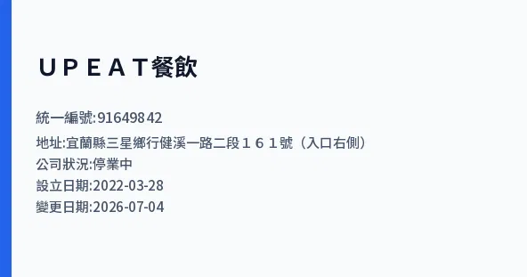 UP EAT餐飲的照片-統編 91649842(宜蘭縣) 公司登記資料與營業項目詳細圖表