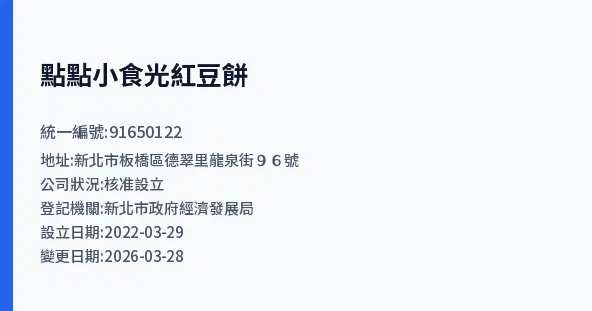 點點小食光紅豆餅的照片-統編 91650122(新北市) 公司登記資料與營業項目詳細圖表