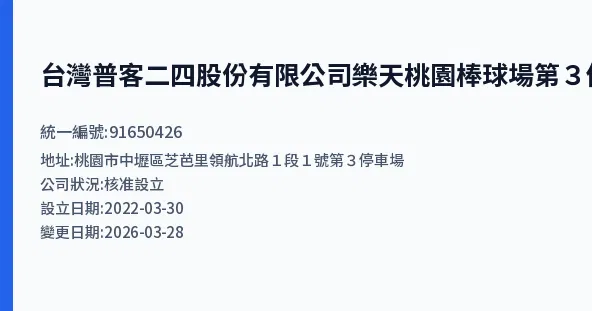 台灣普客二四股份有限公司樂天桃園棒球場第3停車場的照片-統編 91650426(桃園市) 公司登記資料與營業項目詳細圖表