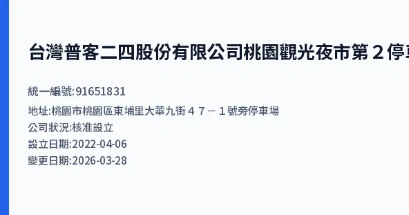 台灣普客二四股份有限公司桃園觀光夜市第2停車場的照片-統編 91651831(桃園市) 公司登記資料與營業項目詳細圖表