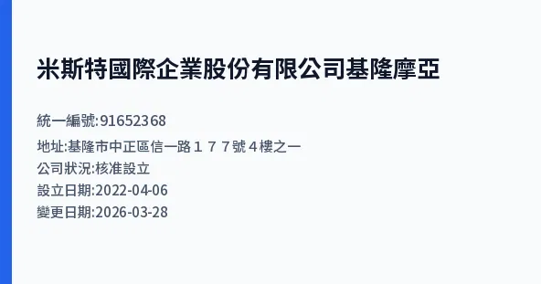 米斯特國際企業股份有限公司基隆摩亞的照片-統編 91652368(基隆市) 公司登記資料與營業項目詳細圖表