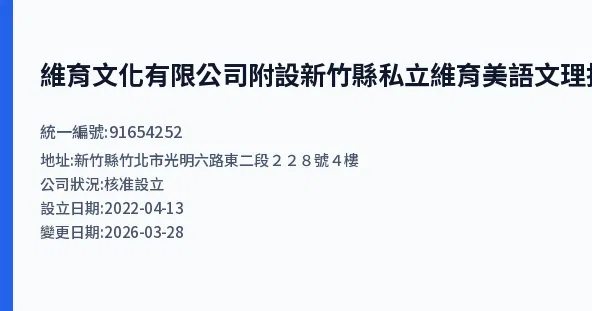 維育文化有限公司附設新竹縣私立維育美語文理技藝短期補習班的照片-統編 91654252(新竹縣) 公司登記資料與營業項目詳細圖表