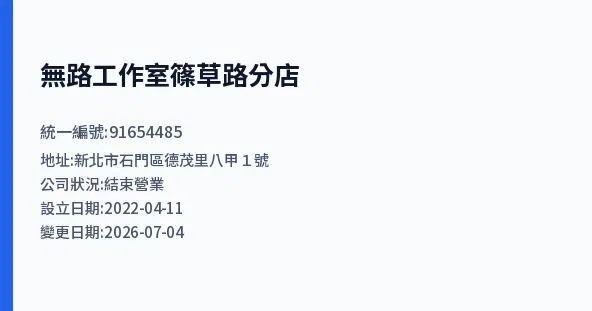 無路工作室篠草路分店的照片-統編 91654485(新北市) 公司登記資料與營業項目詳細圖表