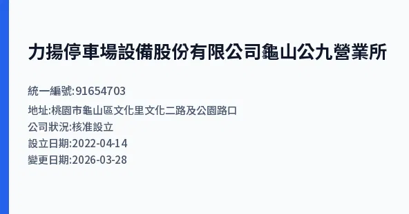 力揚停車場設備股份有限公司龜山公九營業所的照片-統編 91654703(桃園市) 公司登記資料與營業項目詳細圖表