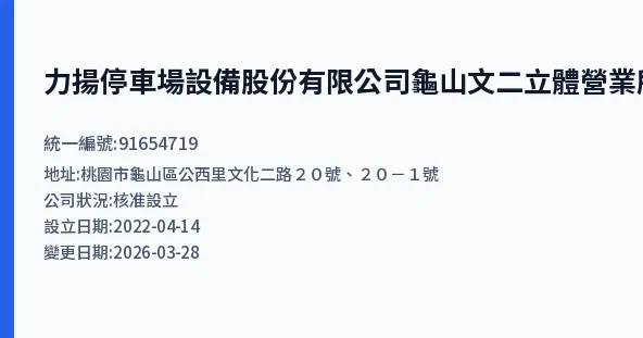 力揚停車場設備股份有限公司龜山文二立體營業所的照片-統編 91654719(桃園市) 公司登記資料與營業項目詳細圖表