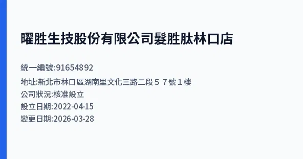 曜胜生技股份有限公司髮胜肽林口店的照片-統編 91654892(新北市) 公司登記資料與營業項目詳細圖表