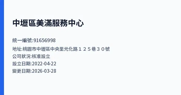 中壢區美滿服務中心的照片-統編 91656998(桃園市) 公司登記資料與營業項目詳細圖表