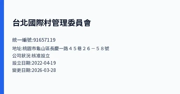台北國際村管理委員會的照片-統編 91657119(桃園市) 公司登記資料與營業項目詳細圖表