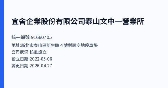 宜舍企業股份有限公司泰山文中一營業所的照片-統編 91660705(新北市) 公司登記資料與營業項目詳細圖表