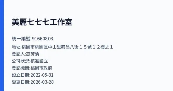 美麗七七七工作室的照片-統編 91660803(桃園市) 公司登記資料與營業項目詳細圖表