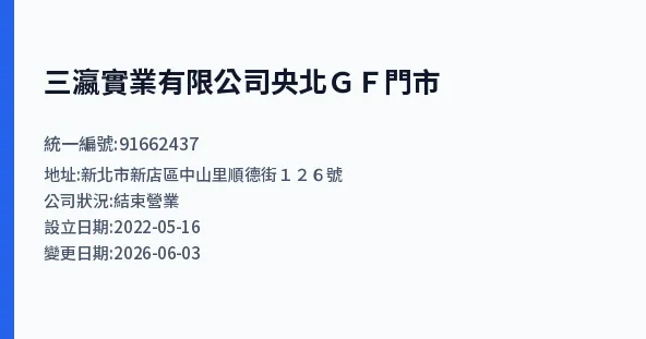 三瀛實業有限公司央北GF門市的照片-統編 91662437(新北市) 公司登記資料與營業項目詳細圖表