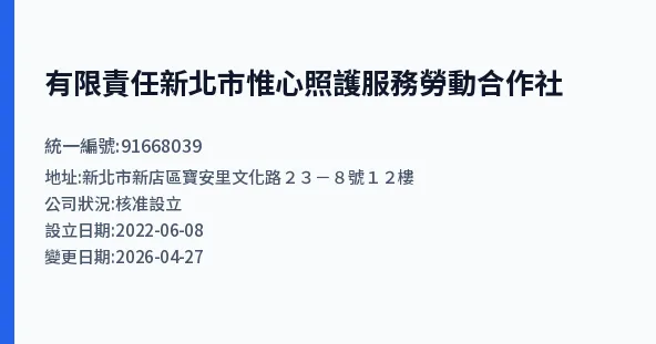 有限責任新北市惟心照護服務勞動合作社的照片-統編 91668039(新北市) 公司登記資料與營業項目詳細圖表