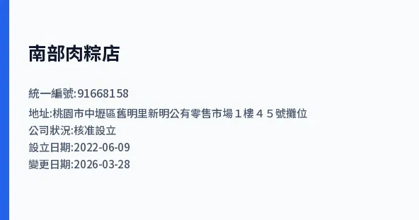 南部肉粽店的照片-統編 91668158(桃園市) 公司登記資料與營業項目詳細圖表