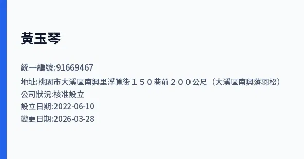 黃玉琴的照片-統編 91669467(桃園市) 公司登記資料與營業項目詳細圖表