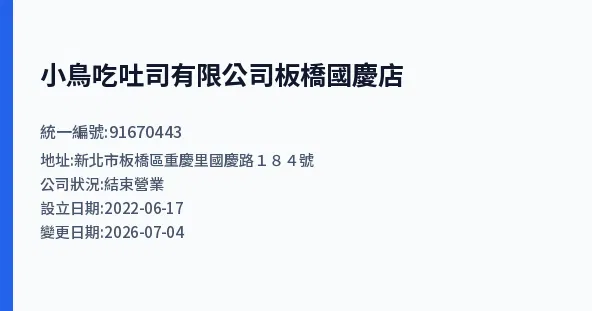 小鳥吃吐司有限公司板橋國慶店的照片-統編 91670443(新北市) 公司登記資料與營業項目詳細圖表