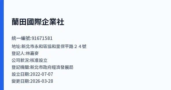 蘭田國際企業社的照片-統編 91671581(新北市) 公司登記資料與營業項目詳細圖表