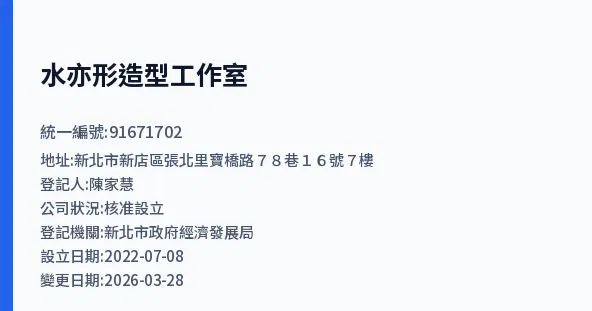 水亦形造型工作室的照片-統編 91671702(新北市) 公司登記資料與營業項目詳細圖表