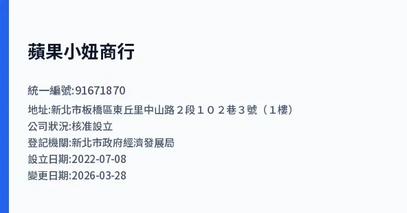 蘋果小妞商行的照片-統編 91671870(新北市) 公司登記資料與營業項目詳細圖表