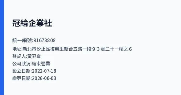 冠綸企業社的照片-統編 91673808(新北市) 公司登記資料與營業項目詳細圖表