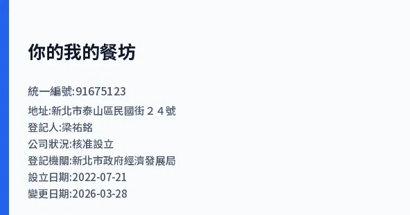 你的我的餐坊的照片-統編 91675123(新北市) 公司登記資料與營業項目詳細圖表