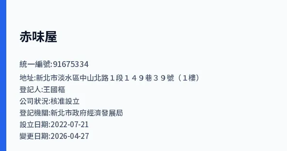 赤味屋的照片-統編 91675334(新北市) 公司登記資料與營業項目詳細圖表