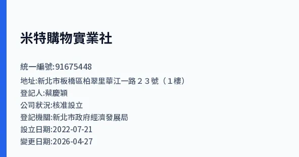 米特購物實業社的照片-統編 91675448(新北市) 公司登記資料與營業項目詳細圖表