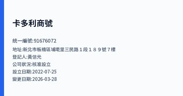 卡多利商號的照片-統編 91676072(新北市) 公司登記資料與營業項目詳細圖表