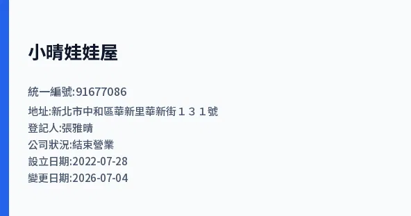 小晴娃娃屋的照片-統編 91677086(新北市) 公司登記資料與營業項目詳細圖表
